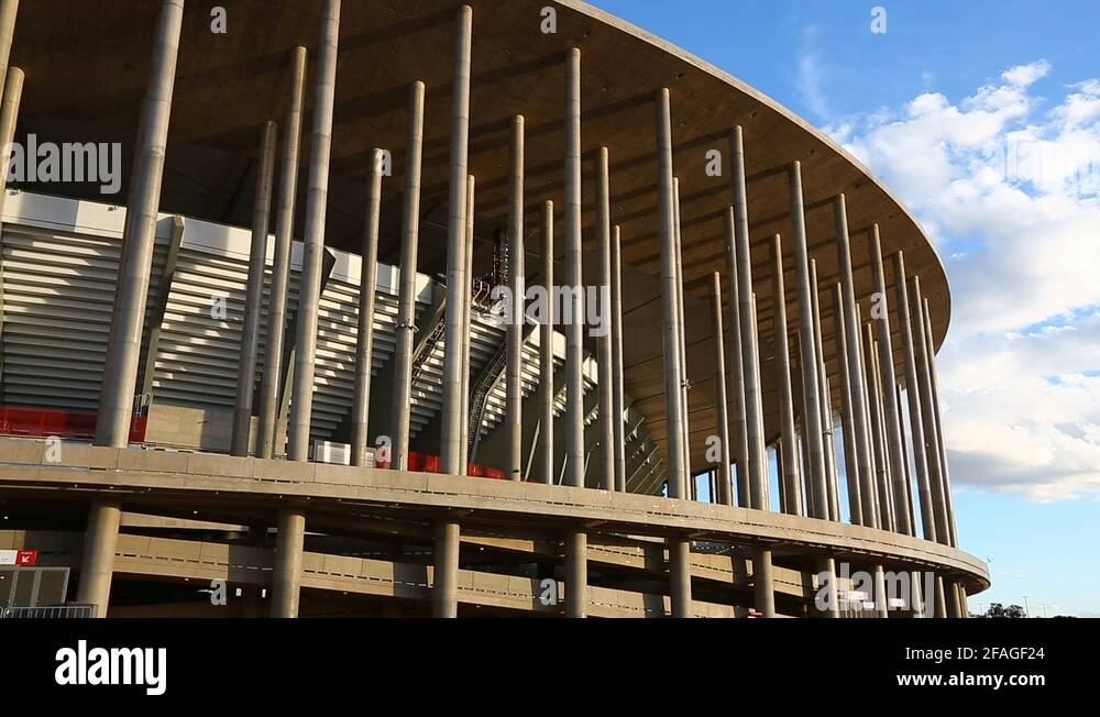 Still shot of the exterior pillars on the Mane Garrincha Stadium in ...