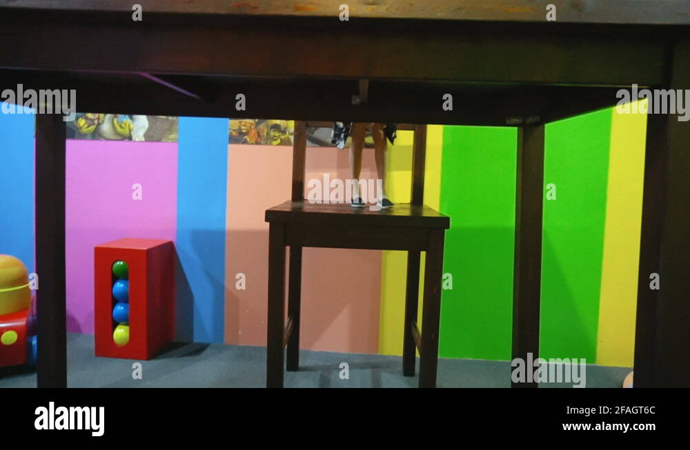 Inch girl stand on chair in room large item with distorted perspective ...