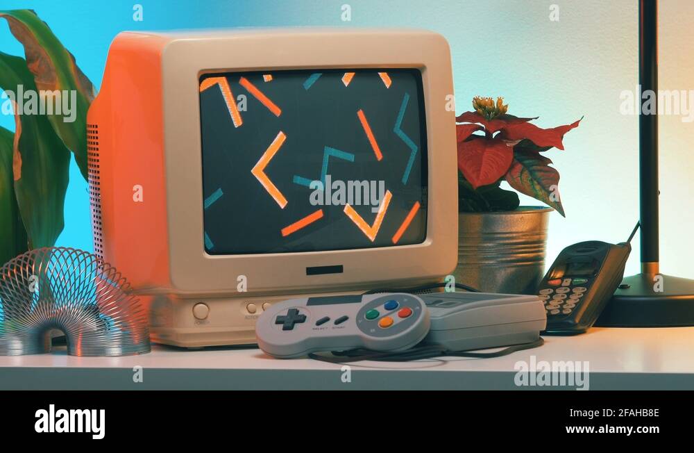 80s 90s Retro Animation on Vintage Television Old CRT Computer Monitor ...