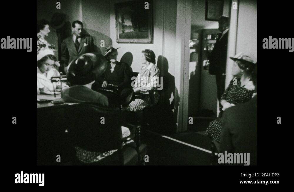 1940s: Doctor's office, full waiting room, nurse sits at desk, doctor ...
