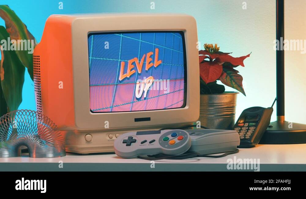 LEVEL UP on Vintage Television Retro Computer Screen from 80s 90s Stock ...
