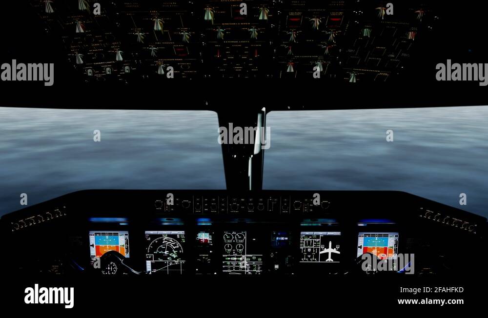 A cockpit view of an airplane performing low level flying over water ...