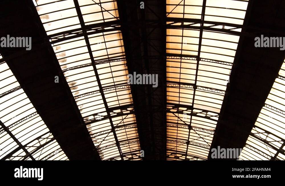 Train arrives platform on railroad station steel roof passengers crowd ...