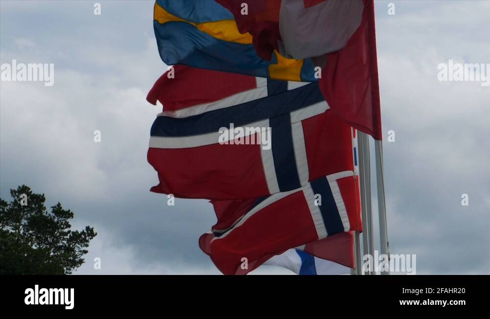 Flags of Scandinavian countries flying in a strong breeze with a cloudy ...