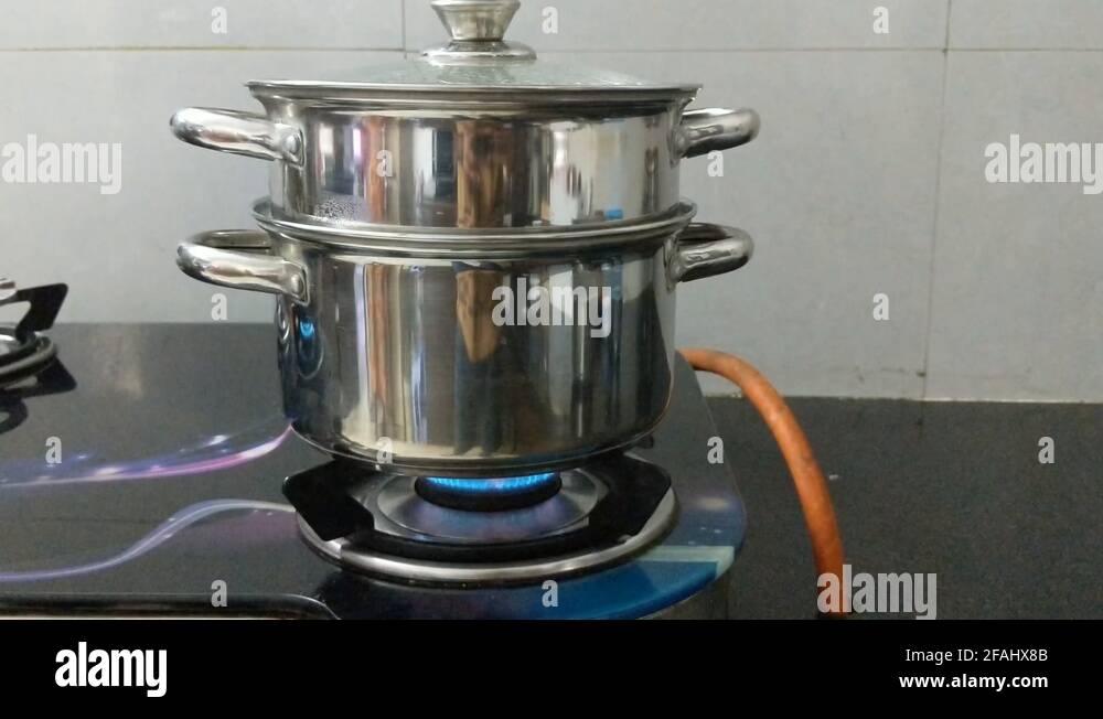 A steam cooking vessel (cooker) on a gas stove cooking idly. A south ...
