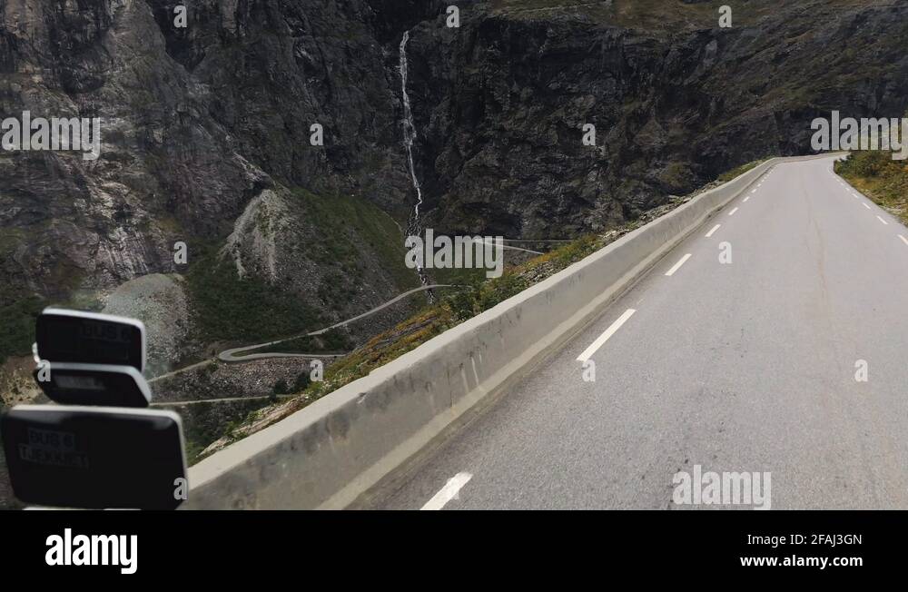 Drivers view of Trolls ladder, Trollstigen in Norway, a narrow mountain ...