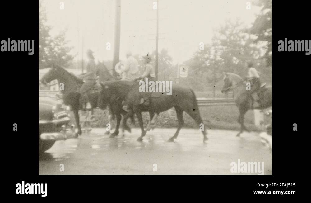 1950s: Men on horseback ride down street near A&P supermarket; Views of ...