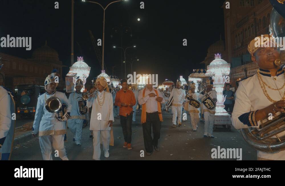 Indian Musicians at a traditional Festival in India at night with many ...
