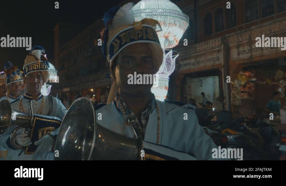 Indian Musicians at a traditional Festival in India at night with many ...
