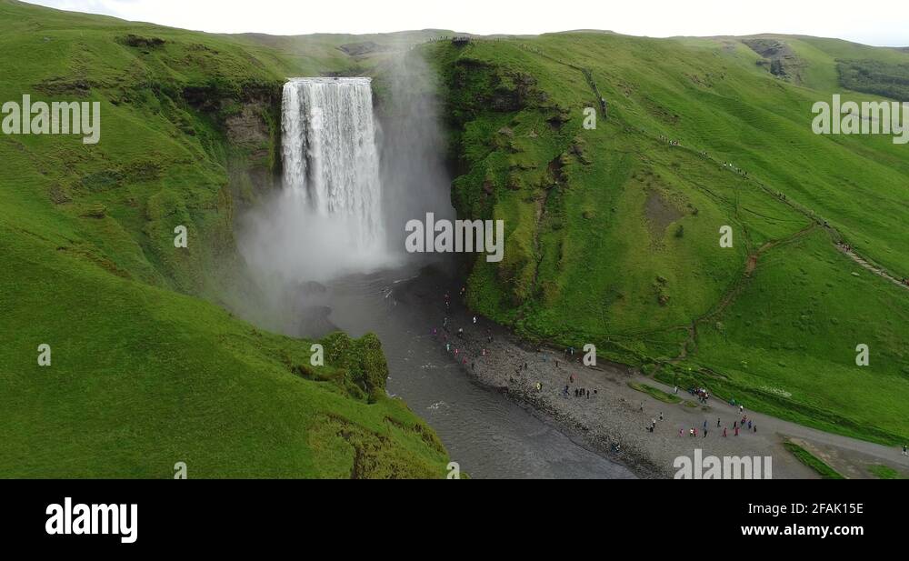 Iceland Aerial drone video of waterfall Skogafoss in Icelandic nature ...