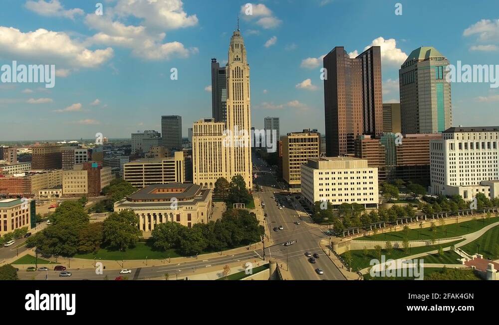 Aerial view of the Columbus cityscape showing roads, parks and high ...