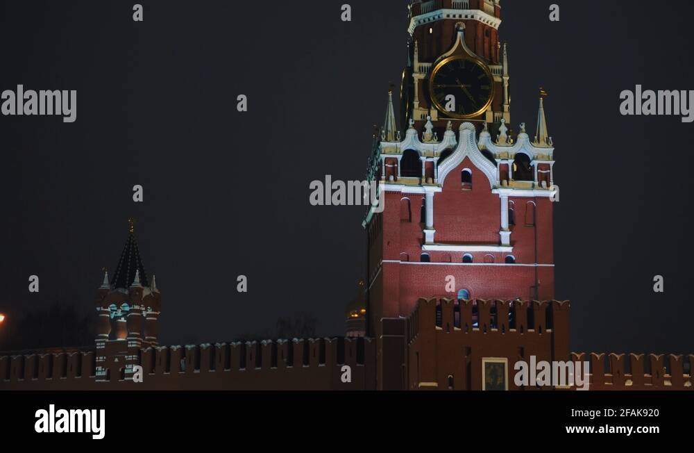 Kremlin Chimes and Kremlin wall, red star, close up, night, no people ...