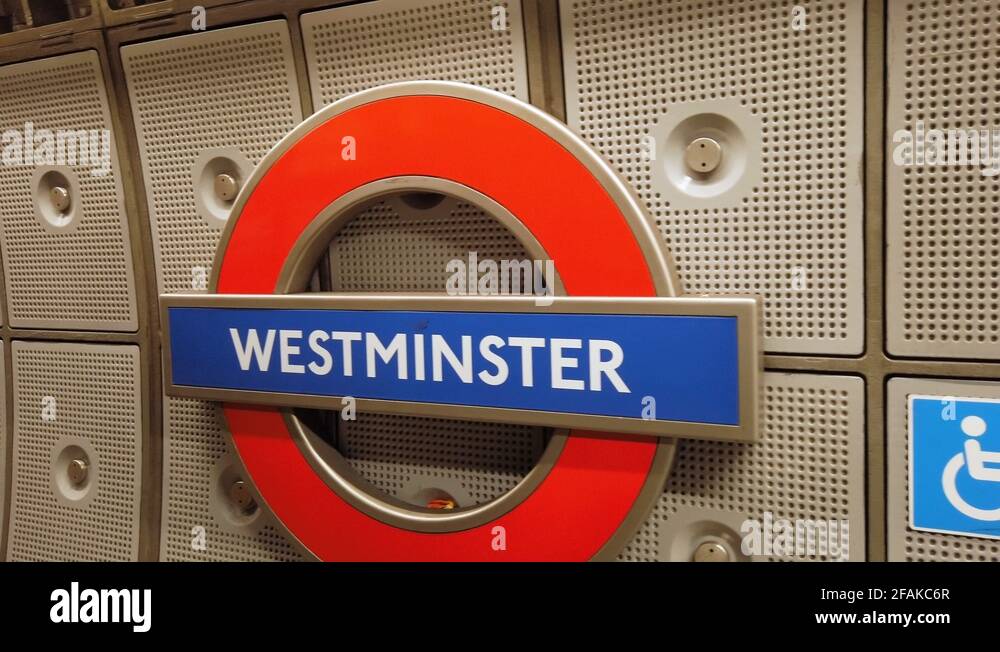 London Westminster underground station iconic red and blue sign Stock ...