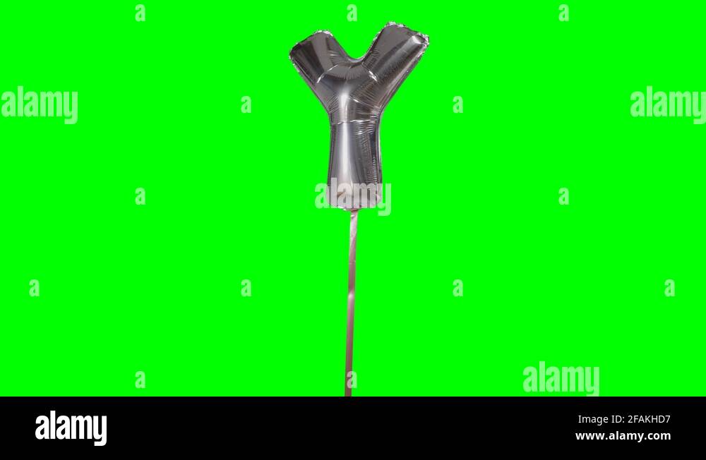 Letter Y from alphabet helium silver balloon floating on green screen ...