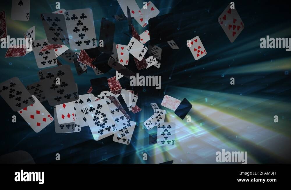 Cards falling into the dark and lighting animated background Stock ...