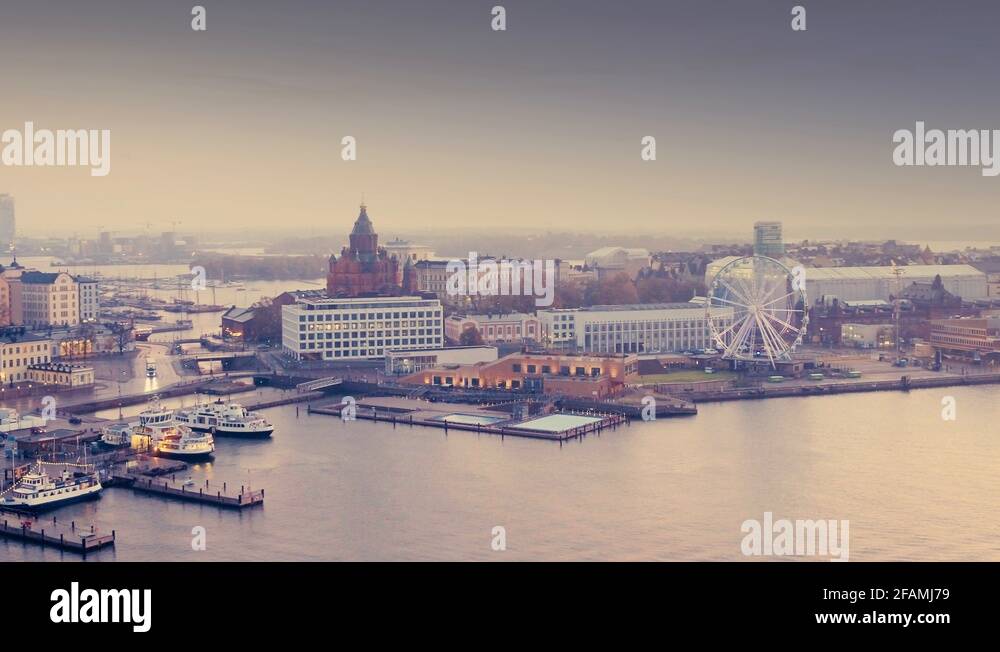 Aerial 4K Panoramic Flyover Helsinki Harbor SkyWheel Uspenski Cathedral ...