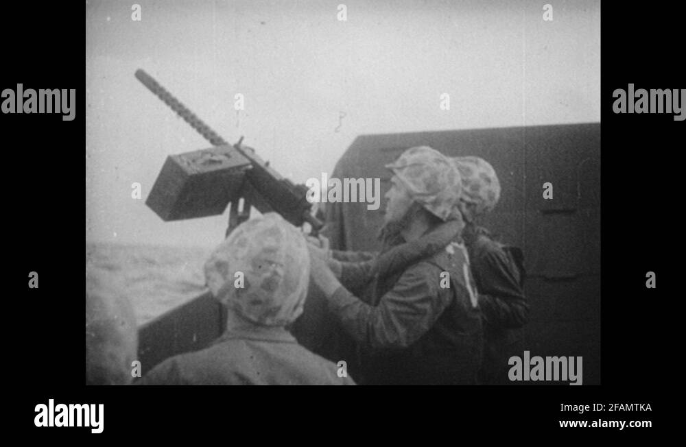 1940s: Soldiers man mounted machine gun. Bomb explodes near boat. Text ...