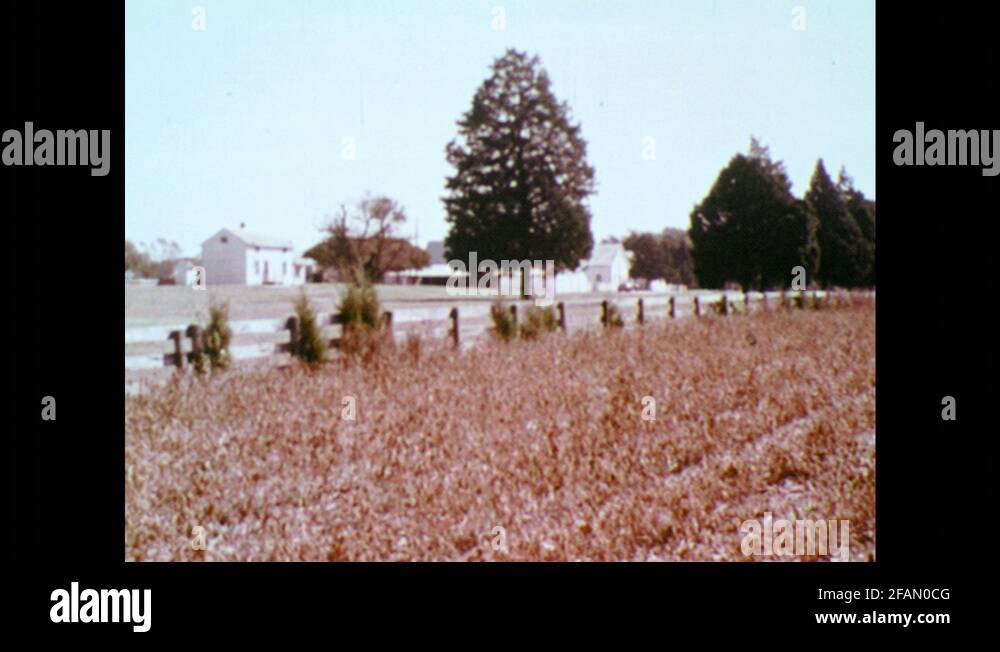 1970s: Fence separates farm and field. White and brick house. Brick ...