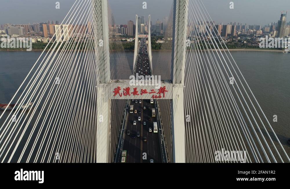 Flying through pillars of cable-stayed bridge over Yangtze river in ...