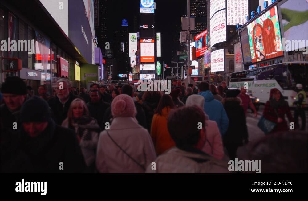 New York City Times Square at Night Crowd of People Walking Stock Video ...