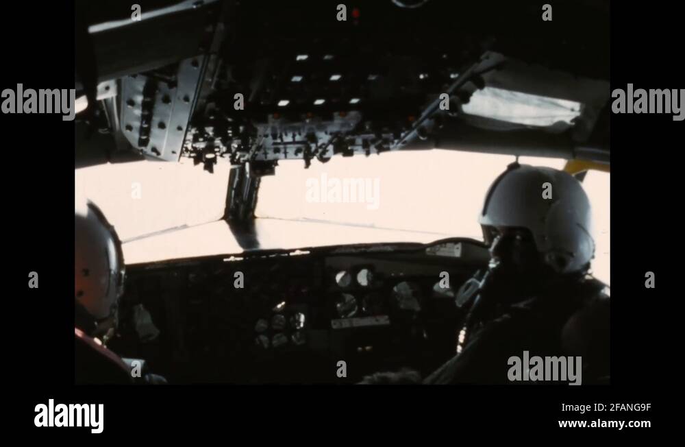 Pilot and co-pilot inside the cockpit of Boeing KC-135A Stratotanker ...