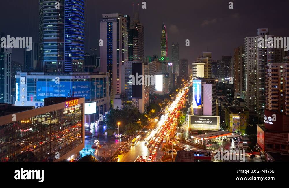 night shenzhen traffic street downtown rooftop panorama 4k timelapse ...