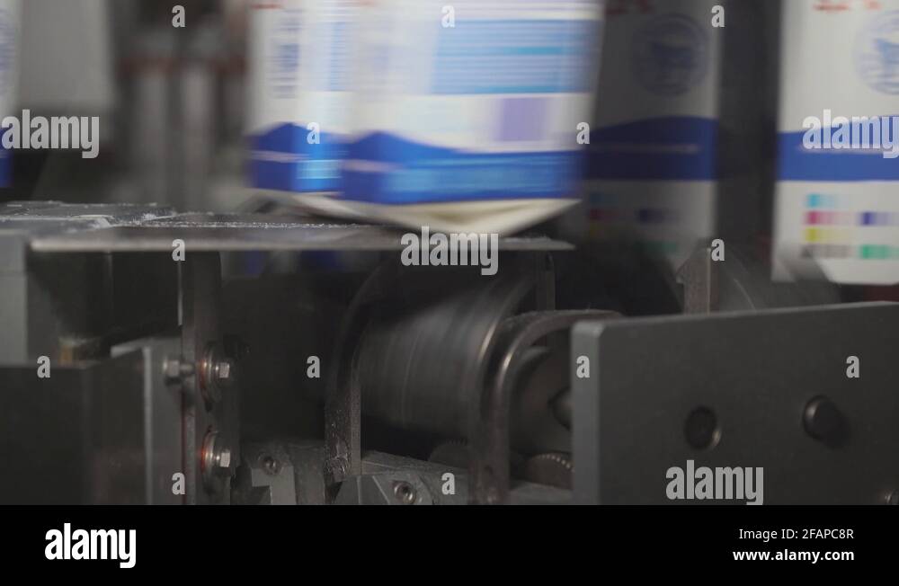 Dairy products, paper bags of milk are transported on a conveyor ...