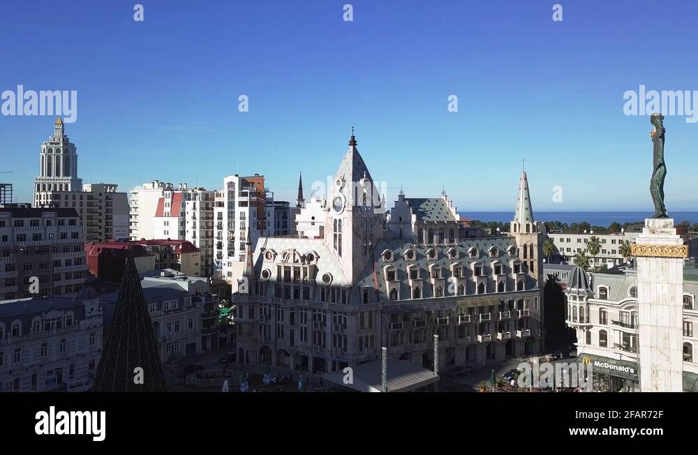 Flying camera reaches the building looks like a castle, Batumi,Georgia ...
