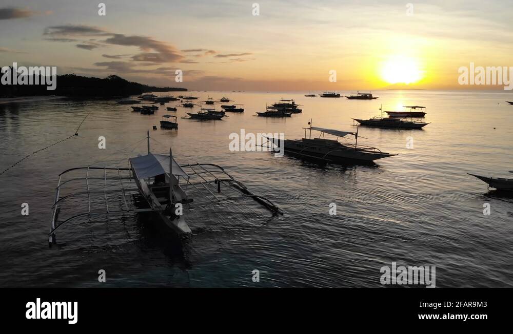 Philippines Sunrise Aerial Flyover Outrigger Boats, Paradise Island ...