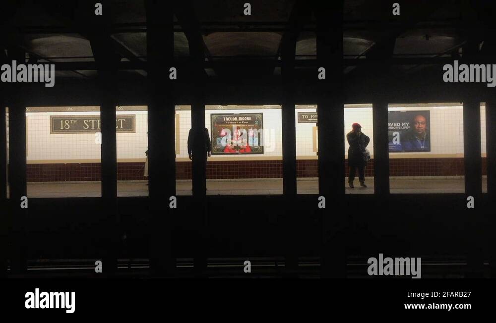 New York City subway system. Multiple trains pulling into and passing ...