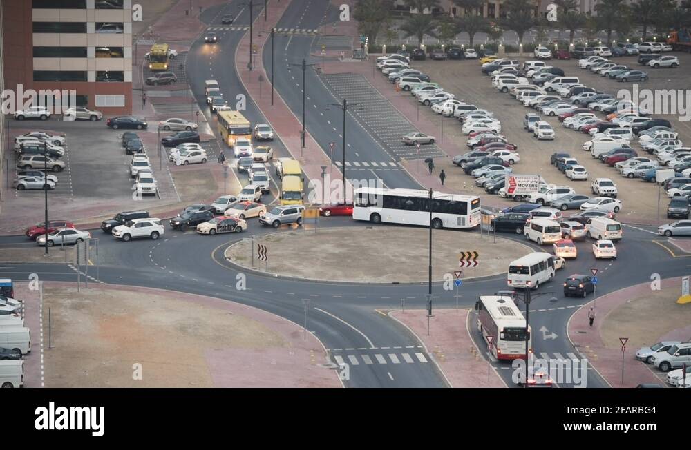 Morning heavy traffic in a roundabout intersection in Dubai, UAE Stock ...