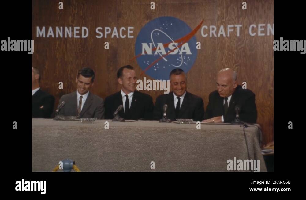 Robert R. Gilruth introduces the Apollo 1 crew during a press ...