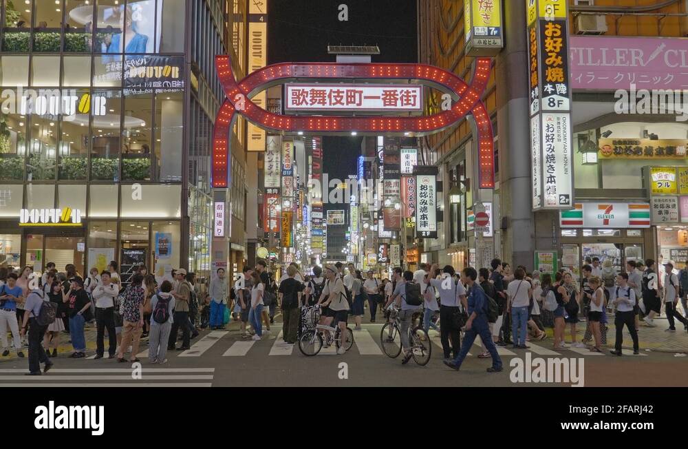Establishing shot of crowds walking past entry to infamous Tokyo ...