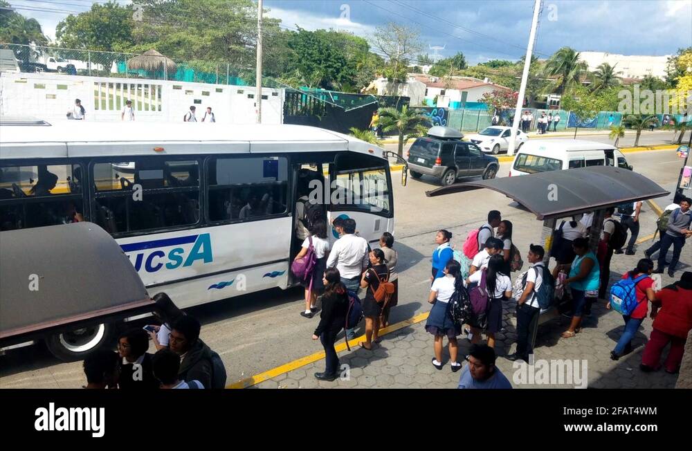 Tourists People Getting Onto A Transit Bus With Backpacks And School ...
