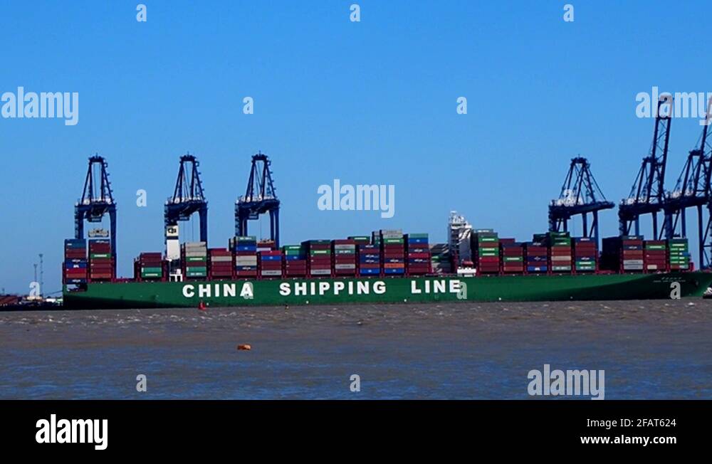 China Shipping Line container cargo ship at Harwich Docks. With cranes ...