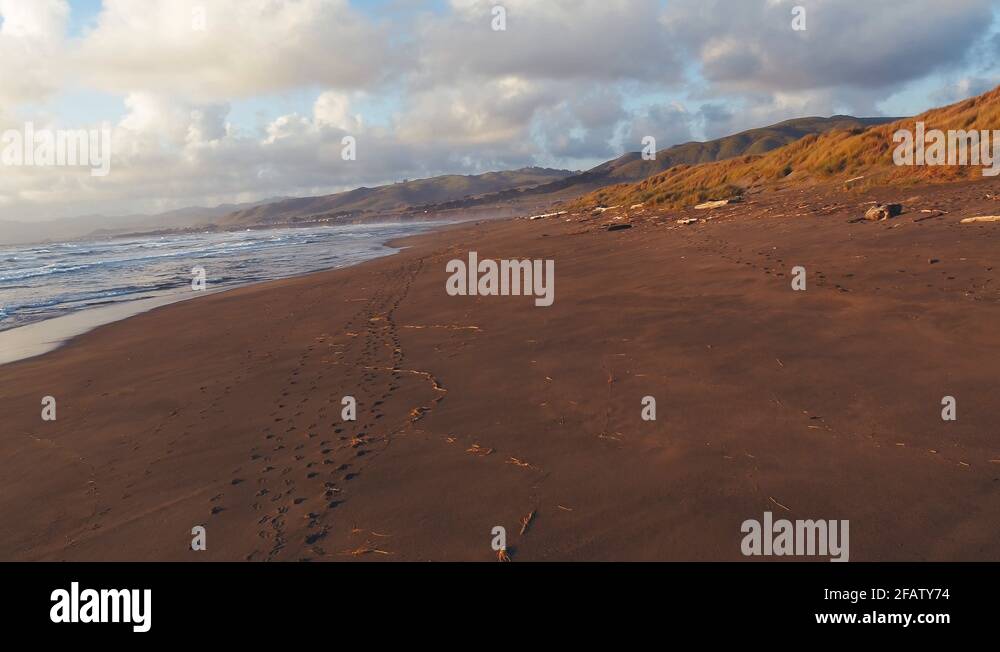 Setting sun colors on sand and beach, rhythmically beaten by Pacific ...