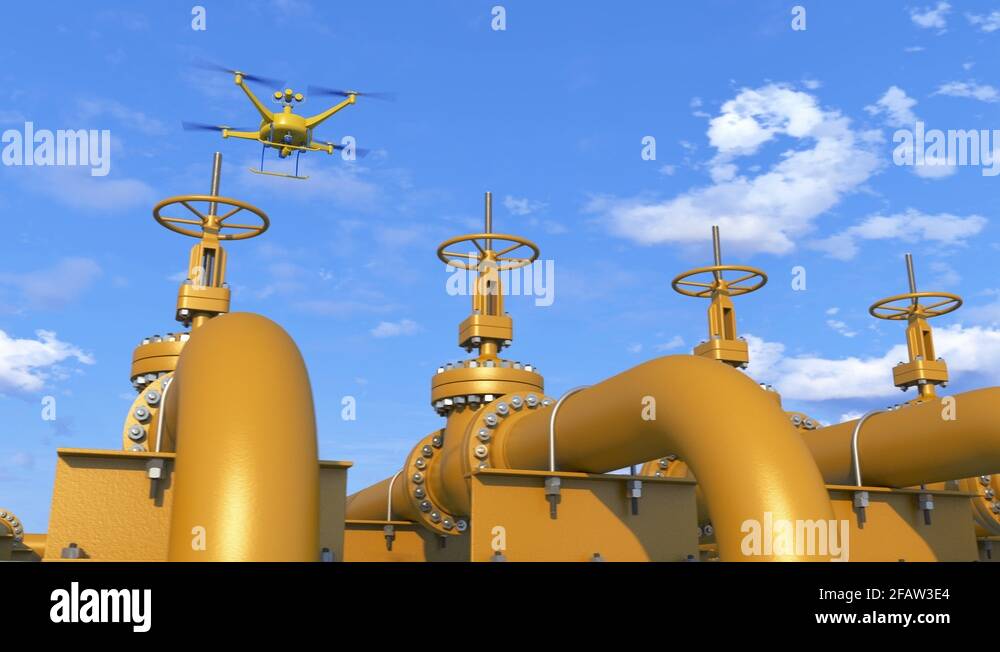 Looped 3D animation of a UAV and industrial piping and valves Stock ...