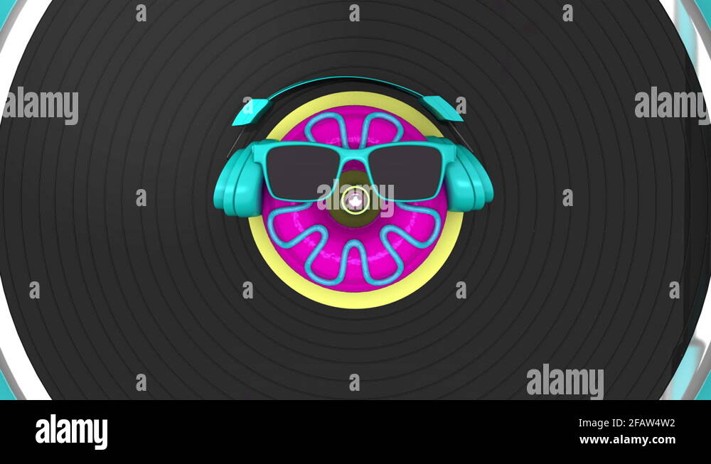 Contemporary art of gramophone with vinyl record and donut. Looped 3D ...