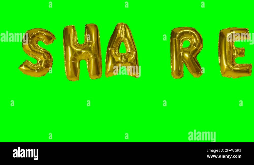 Word share from helium gold balloon letters floating on green screen ...