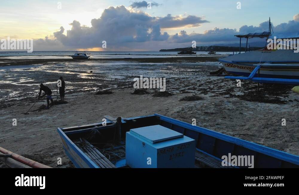 Boracay, Philippines Sunrise. People Cleaning Tourist Beach Stock Video ...
