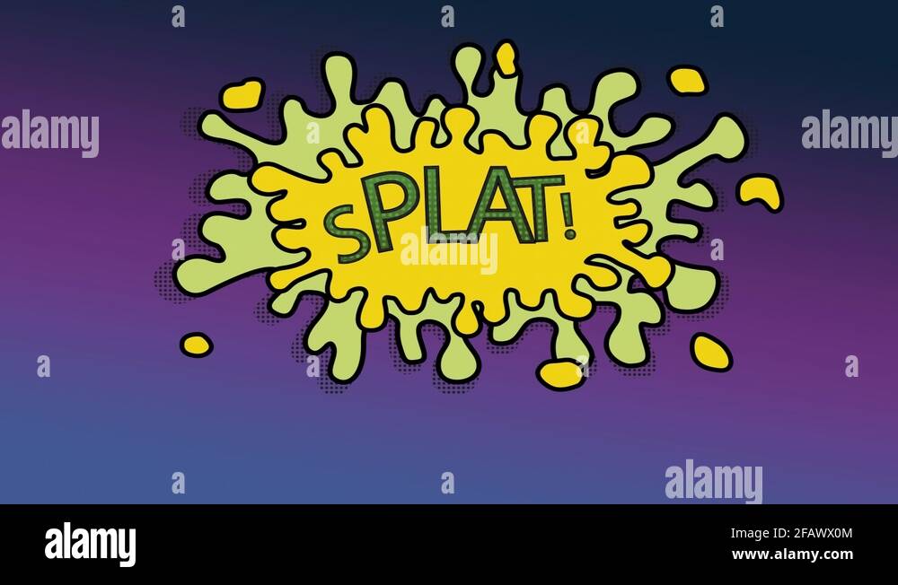 Cartoon animation of splat write on a splash with a purple background ...