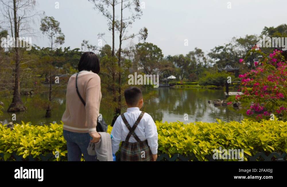 Mother and child go sightseeing of the lake in the park Stock Video ...