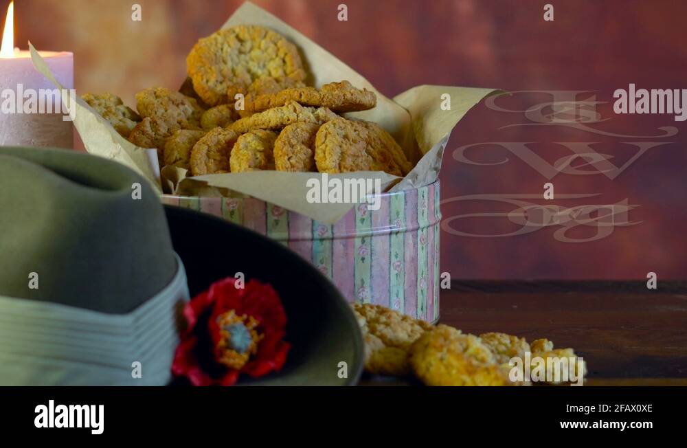 Traditional ANZAC biscuits in vintage setting with Lest We Forget ...