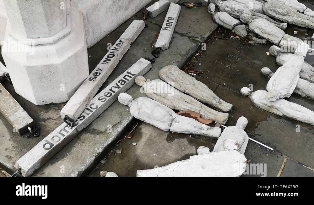 STATIS SHOT: Fragile and Broken Sculptures On The Ground TEXT: Domestic ...
