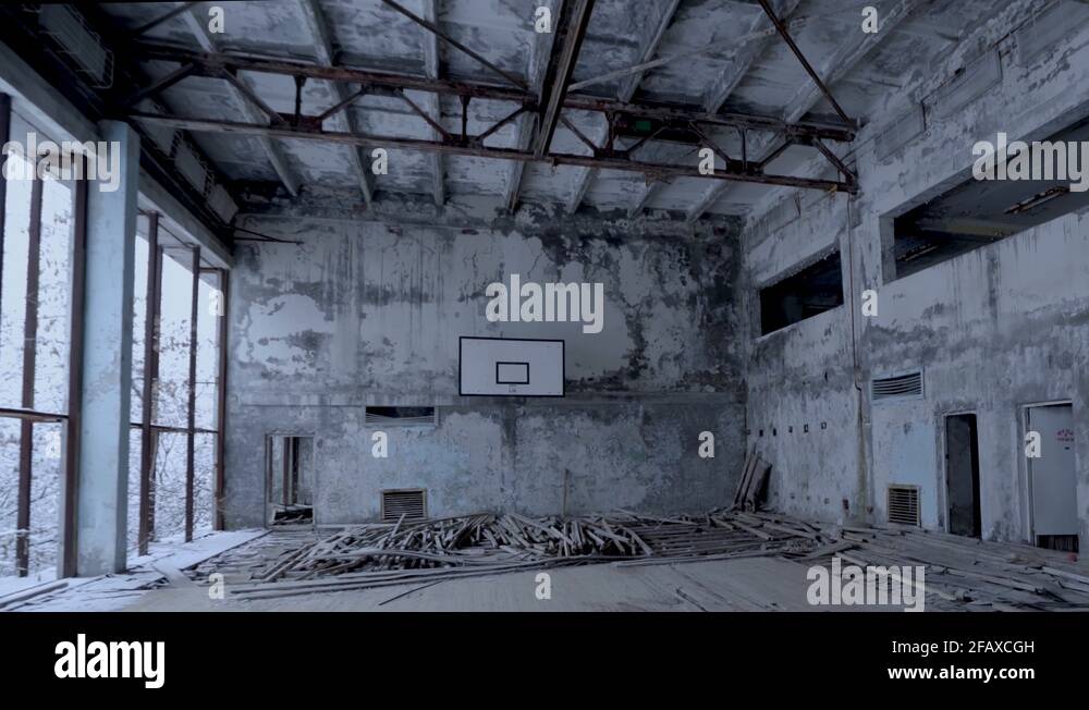 Dolly Shot of Abandoned and Derelict Basketball Court in Chernobyl ...