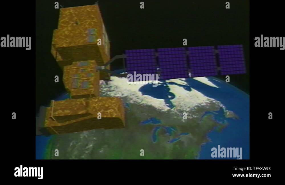 1990s: Animation of satellite in space. Astronaut outside the space ...