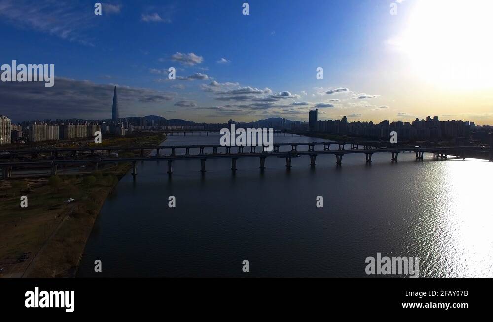 Korea, Seoul Whole view of Han River, Cheonho Bridge, Gangdong-gu Stock ...