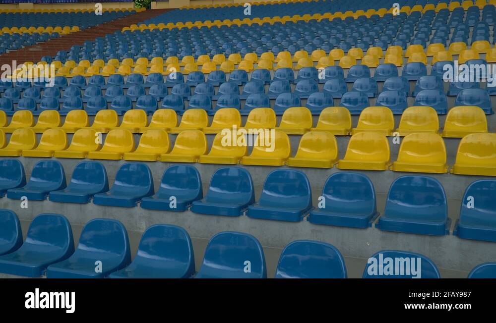 Rows of yellow and blue stadium or concert hall seats. Amphitheater ...