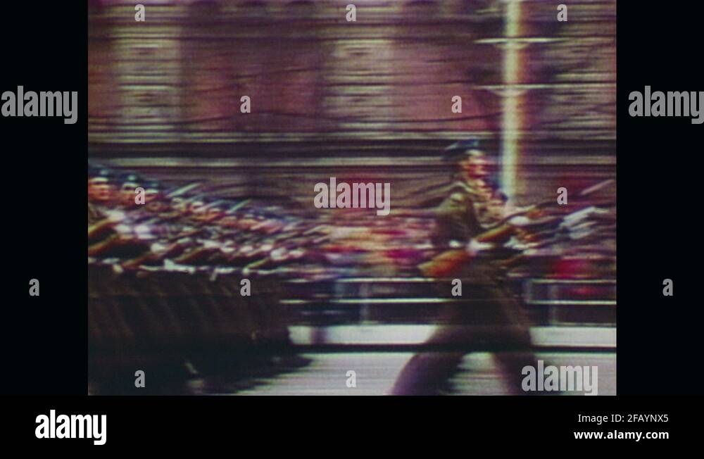 1980s: UNITED STATES: soldiers march in Soviet Union. Men on horseback ...
