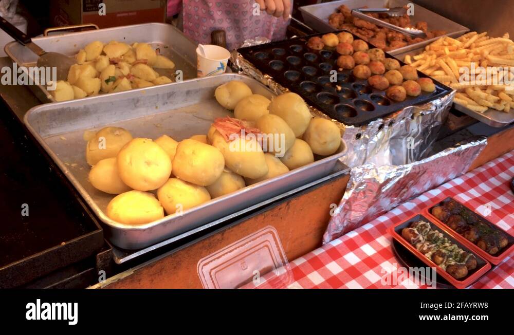 Japanese Street Food Stall Selling Okonomiyaki Takoyaki Potatoes Fried ...